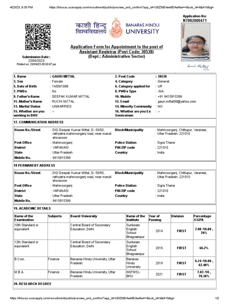 Bhu Assistant Registrar Application | PDF | Justice | Crime & Violence