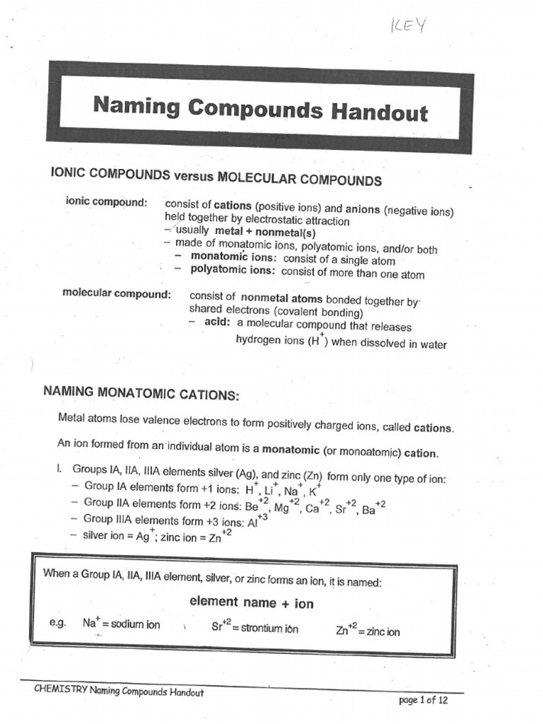 Naming Compounds Handout KEY PDF | PDF