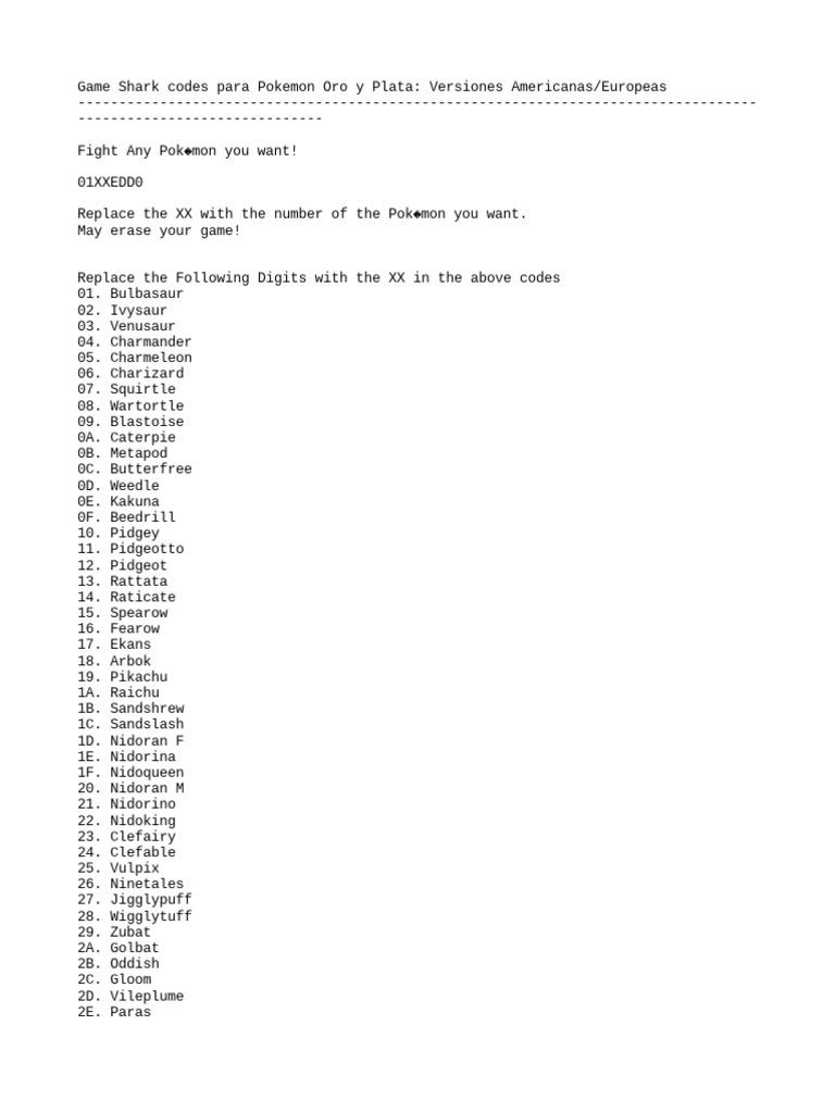Gameshark Pokemon Oro y Plata Ingles y Español | PDF | Pokémon
