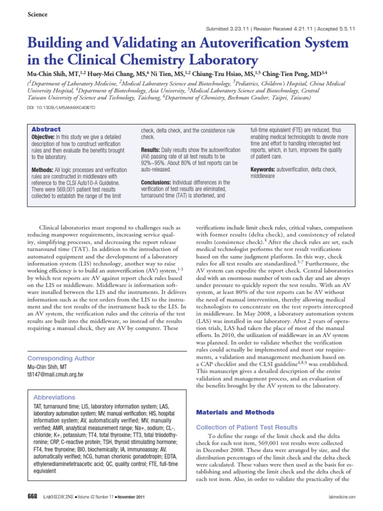 Building and Validating An Autoverification System in The Clinical Chemistry Laboratory PDF | PDF