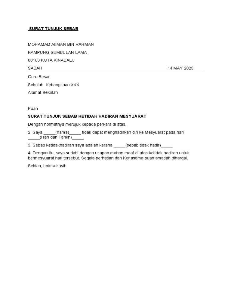 Contoh Surat Tunjuk Sebab Ketidakhadiran | PDF