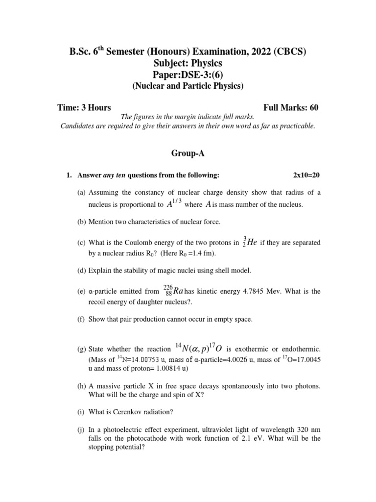 Sem VI - PHSH - DSE3 PDF | PDF | Atomic Nucleus | Nuclear Reaction