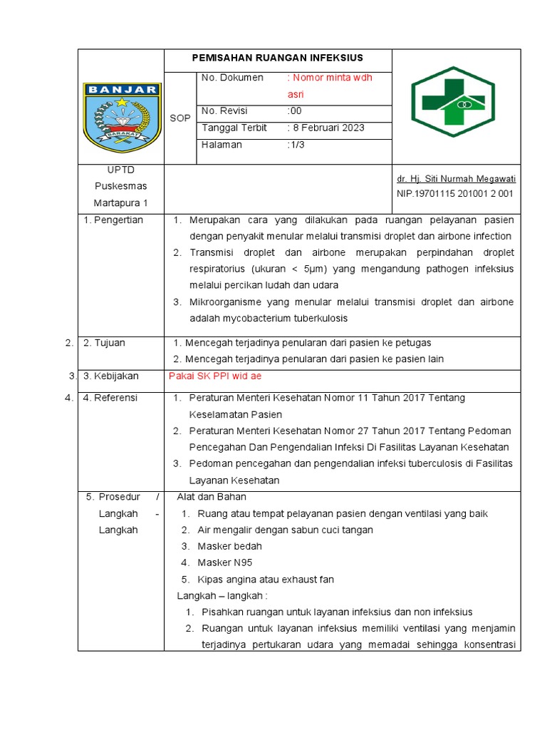 SOP Pemisahan Ruangan Infeksius | PDF