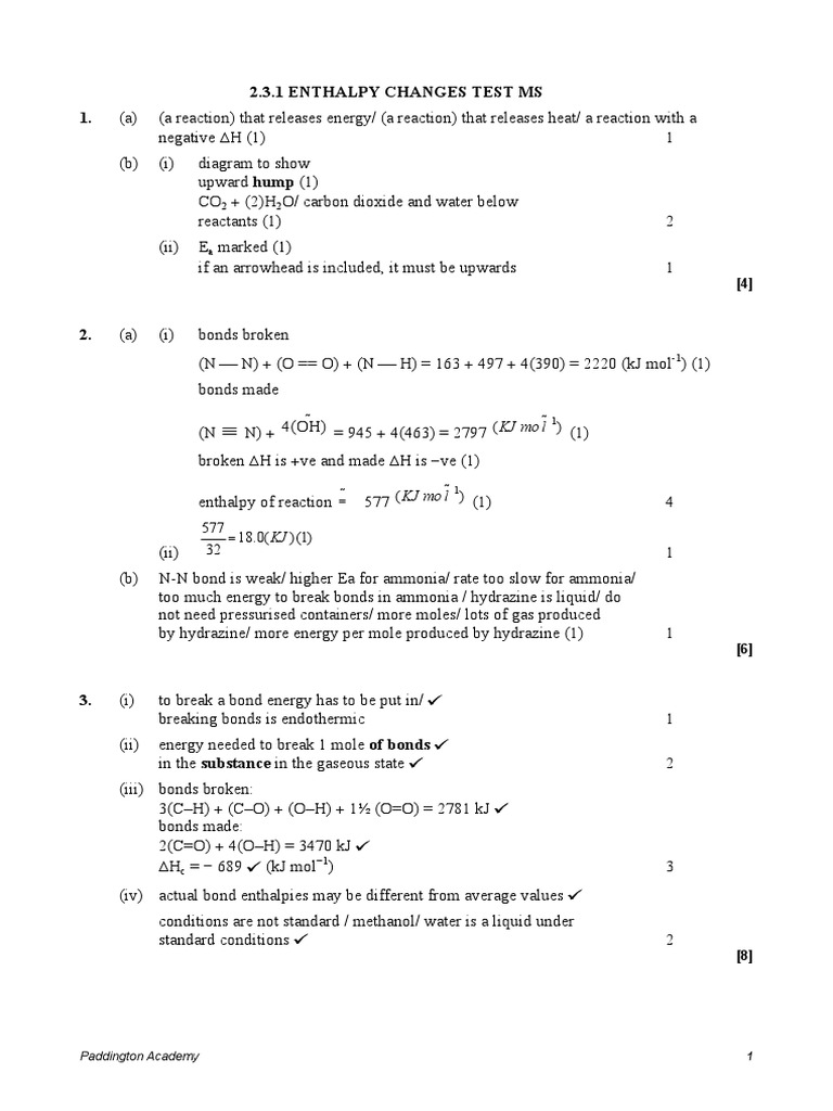 Enthalpy Changes Test Ms | PDF | Chemical Reactions | Enthalpy