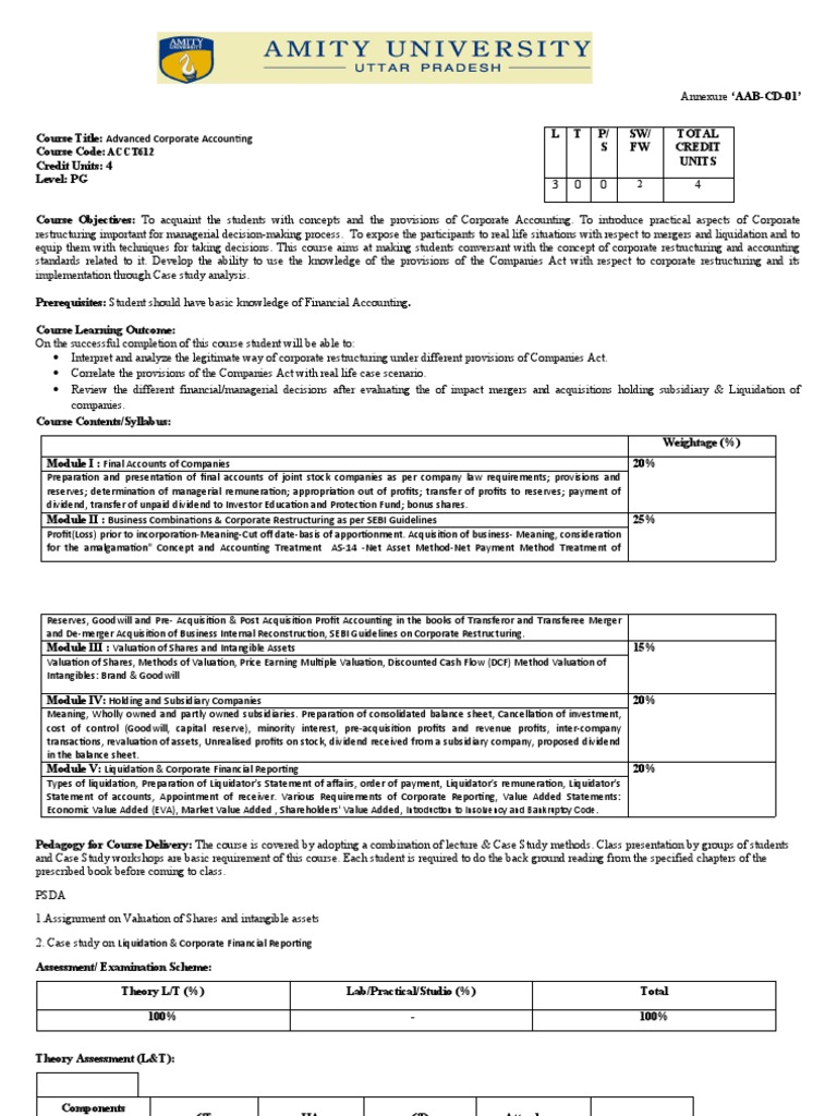 Advanced Corporate Accounting Syllabus | PDF | Valuation (Finance ...