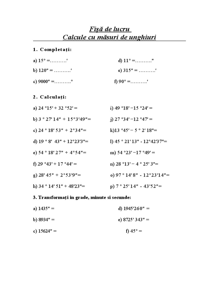 Fisa de Lucru Calcule Cu Masuri de Unghiuri | PDF