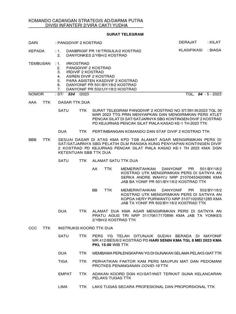 ST Pemanggilan Pelatih Pencak Silat Piala Kasad | PDF