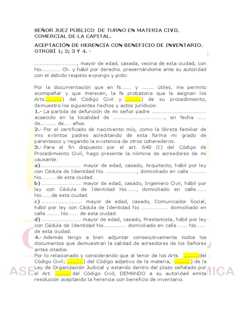 Aceptación De Herencia Con Beneficio De Inventario Pdf 