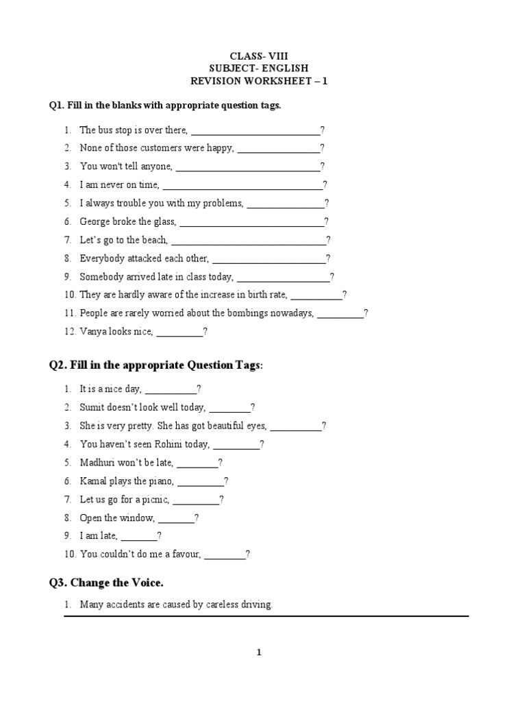Worksheets On Question Tags, Active Passive and Past Continuous and ...