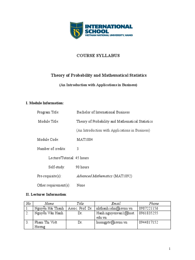 Syllabus MAT1004 Theory of Probability and Mathematical Statistics ...