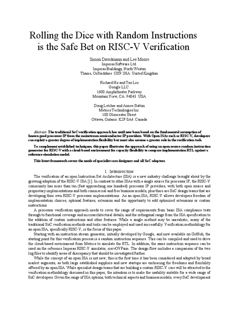 Rolling The Dice With Random Instructions Is The Safe Bet On Risc V Verification | PDF | System ...