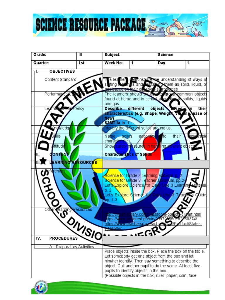 Science3 DLP Q1 Week1 Day1 | PDF | Learning | Solid