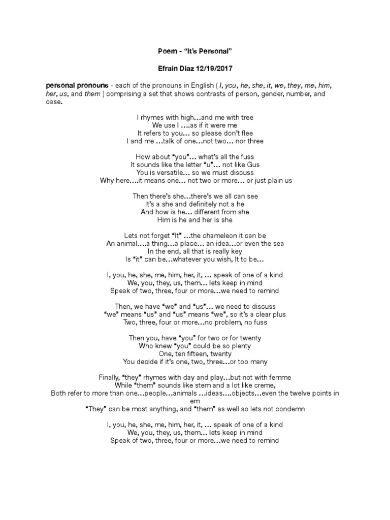 Personal Pronouns - Poem | PDF