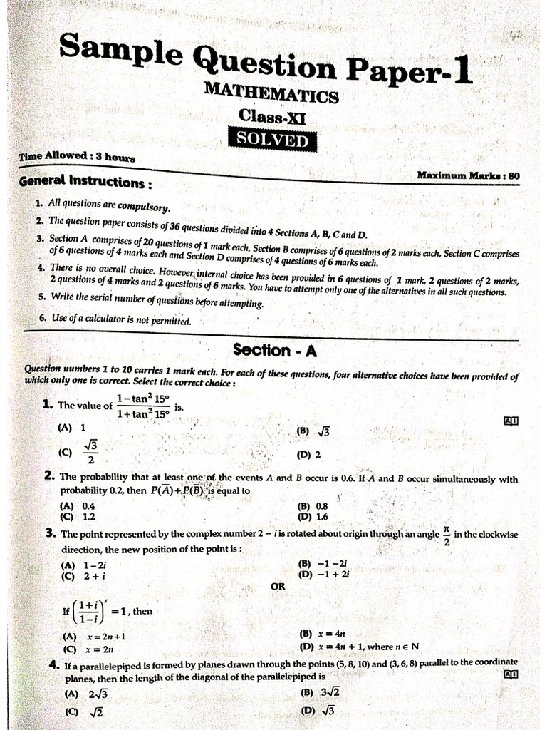11th Maths SQP-1 | PDF
