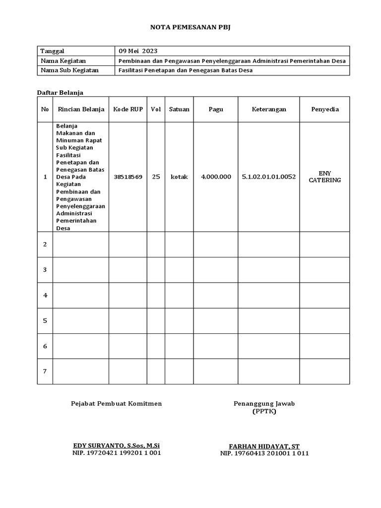 Nota Pemesanan Catering PBJ 2023 | PDF