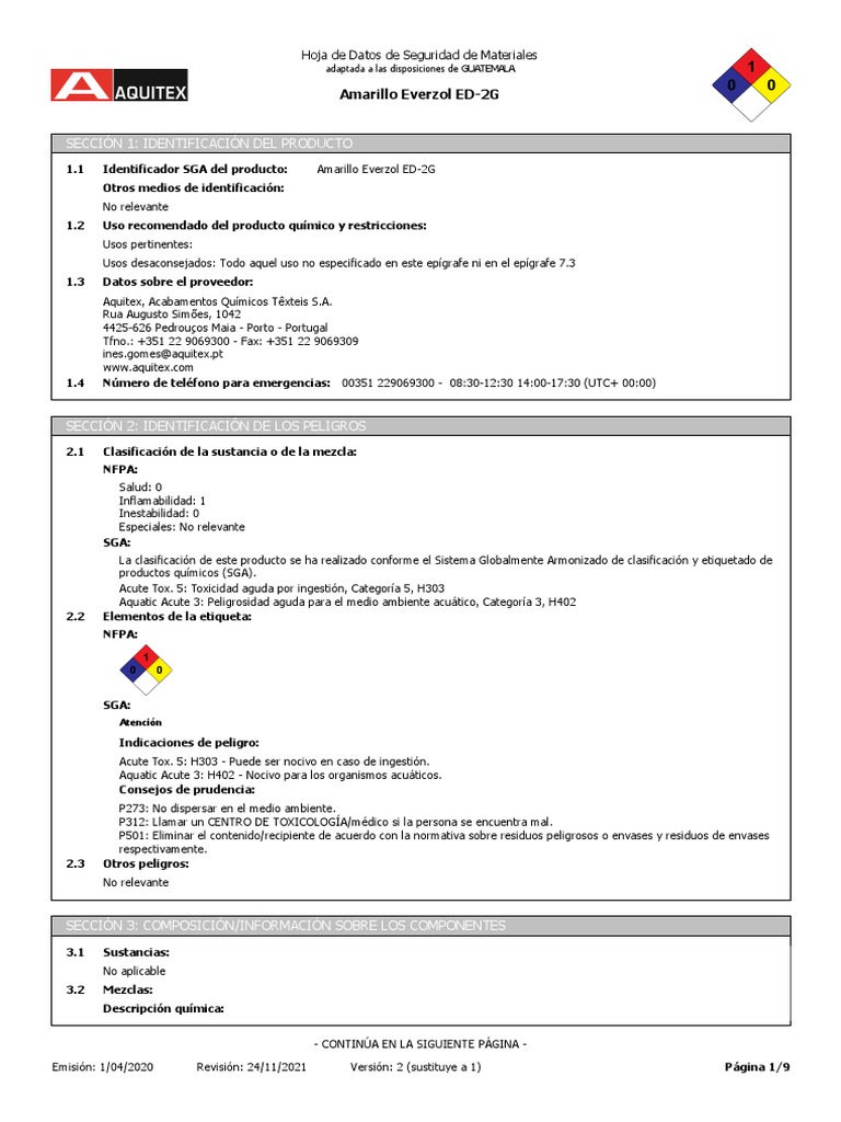 (10019365) (Amarillo Everzol ED-2G) (2) (es-GT) | PDF | Toxicidad | Dióxido de carbono