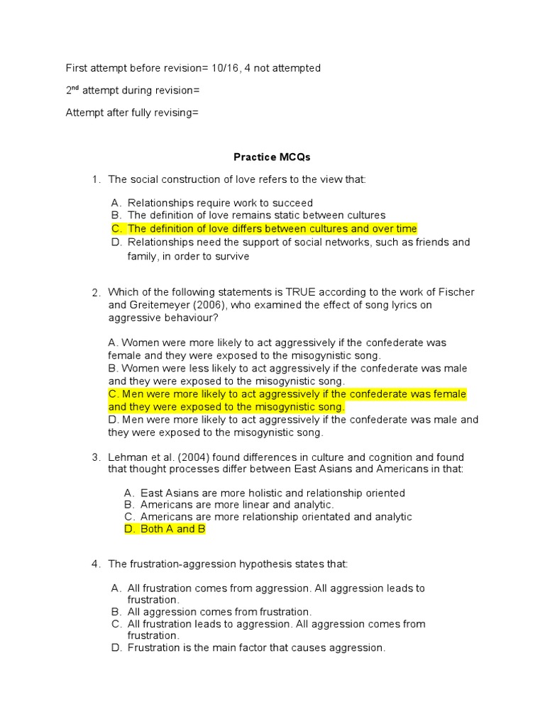 Social Psychology Practice MCQs 2022 | PDF | Aggression | Social Psychology