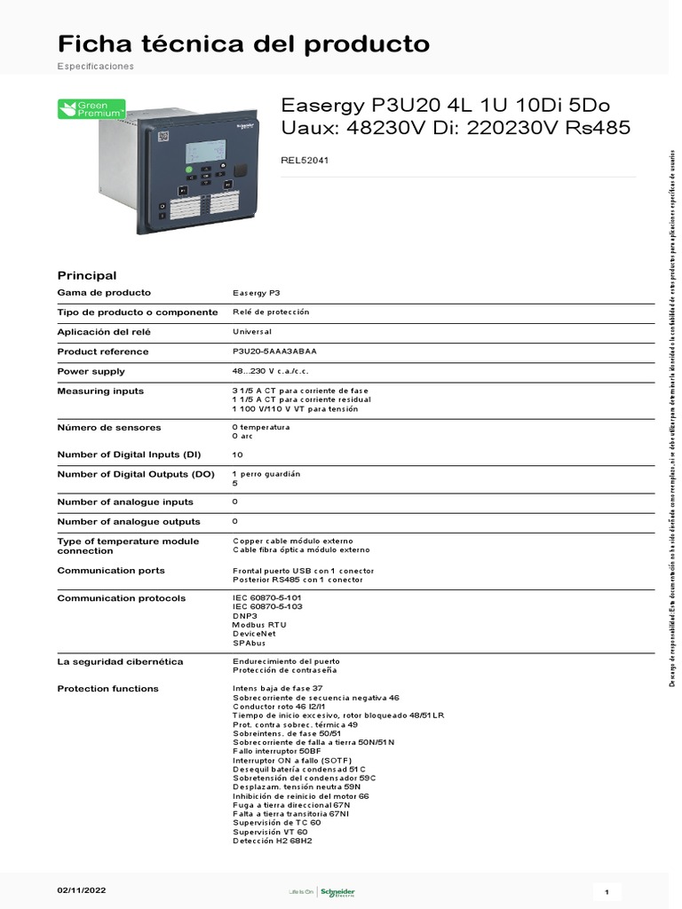Relé de Protección Easergy P3U20 | PDF | Energia electrica | Relé