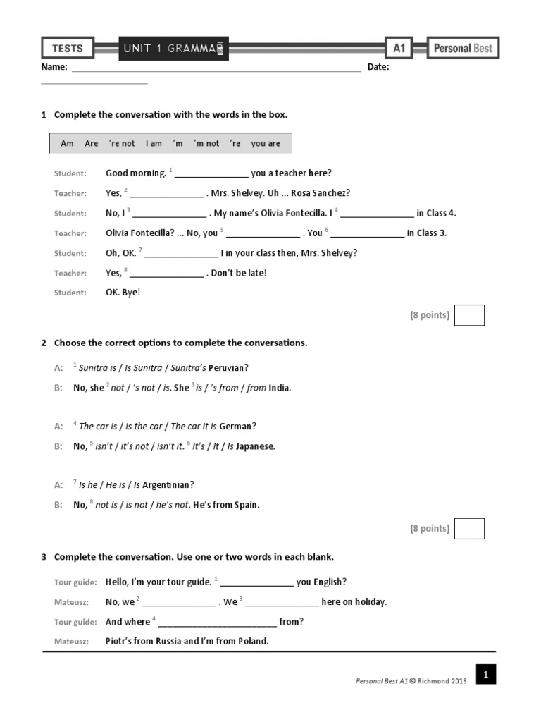 Personal Best A1 Unit 1 Grammar Test PDF Free PDF | PDF