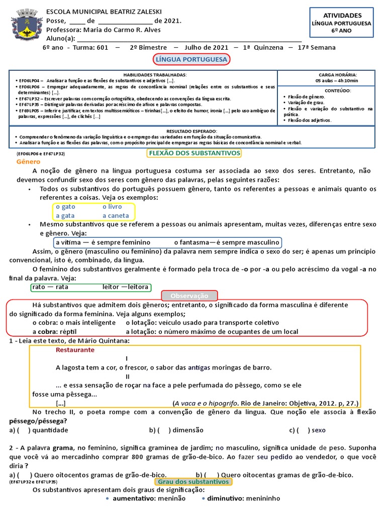 6 Ano Turma 601 L Ngua Portuguesa Julho de 2021 2 Bimestre 1 Quinzena 17 Semana PDF | PDF ...