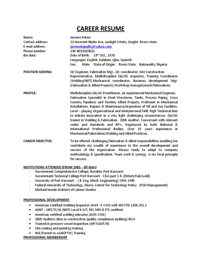 Career Resume | PDF | Nondestructive Testing | Pipeline Transport