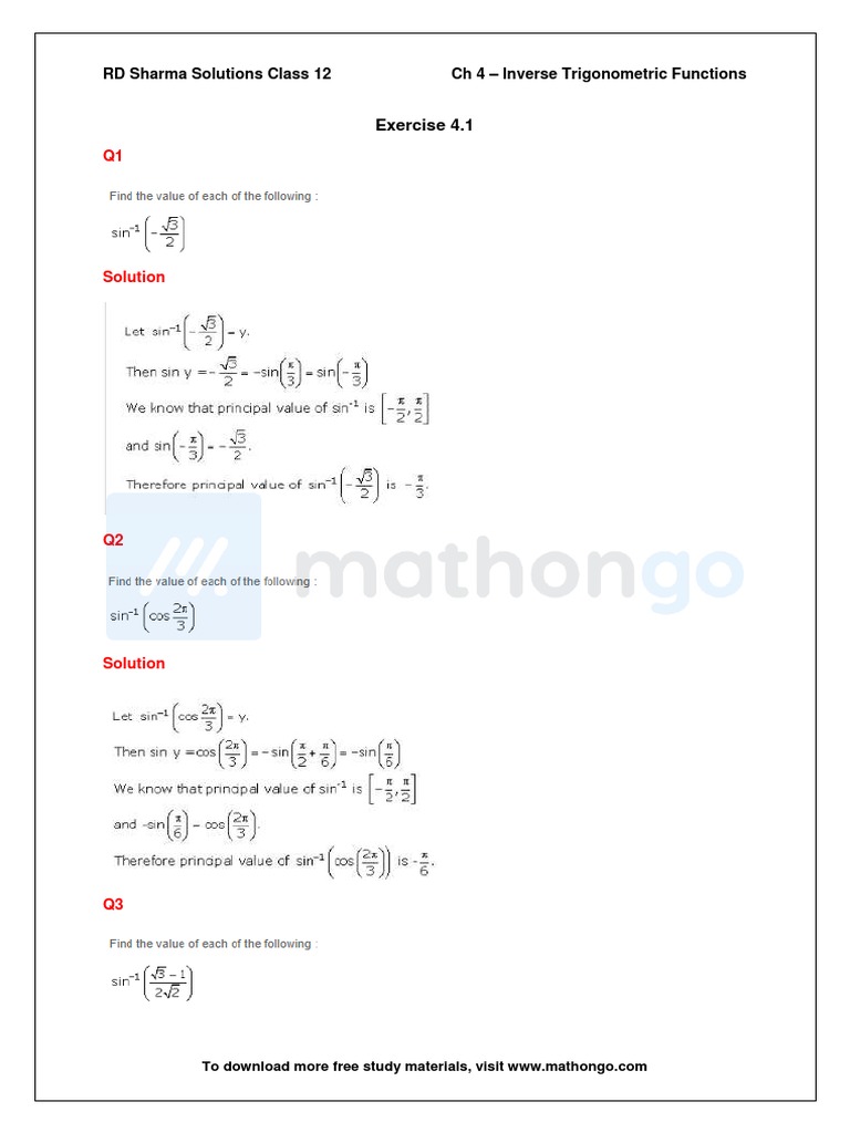 RD - Sharma - Class 12 Chapter 04 Inverse Trigonometric Functions PDF | PDF | Mathematical Logic ...