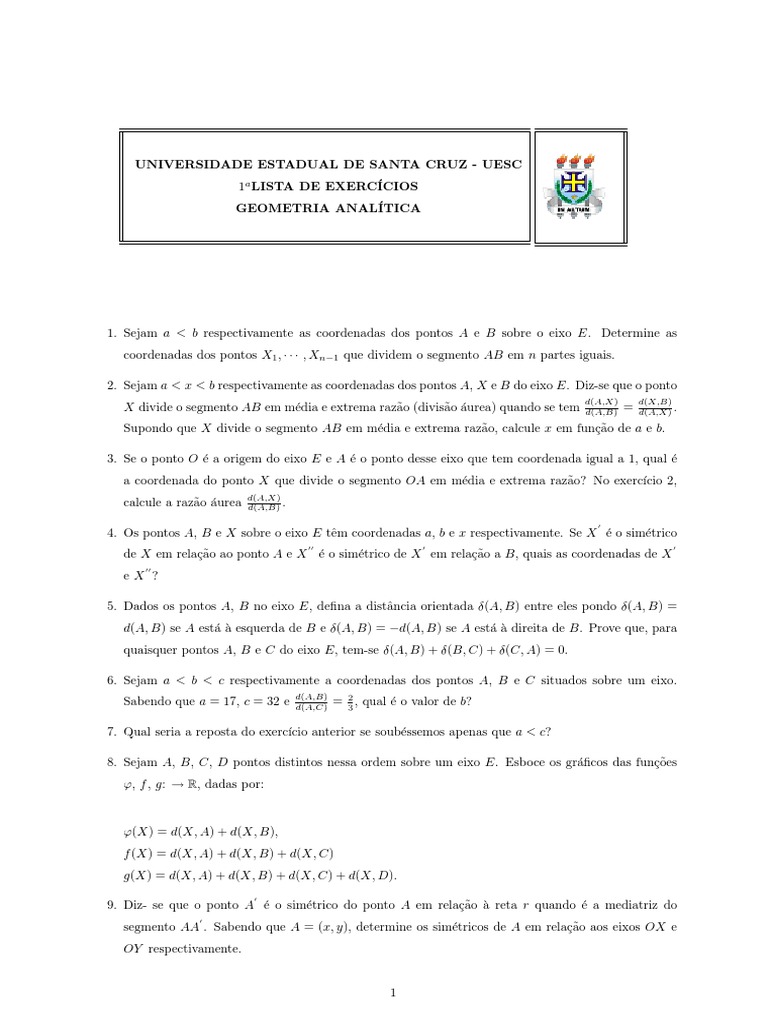 Exercicios Coordenadas Na Reta E Plano Pdf Sistema De