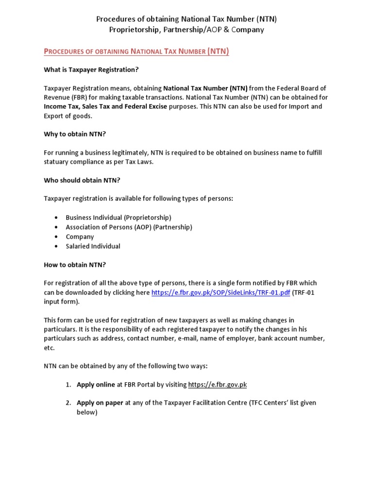 NTN Procedure Final | PDF | Taxes | Sole Proprietorship
