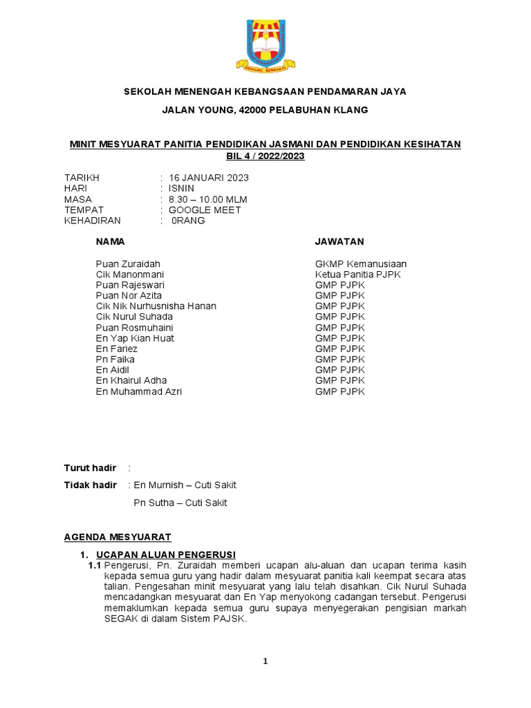 Minit Mesyuarat PJPK Kali 4 2023 | PDF
