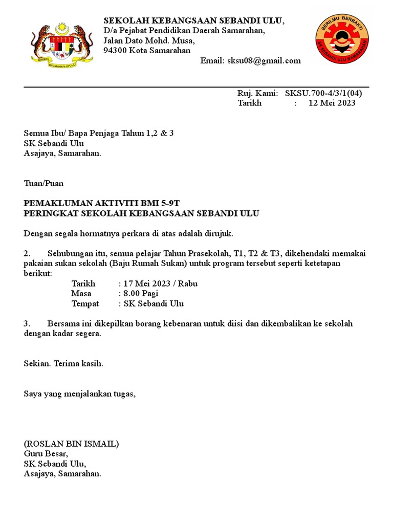 Surat Pemakluman BMI5-9T SKSU | PDF