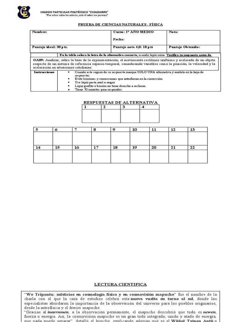 Ev - Fis - U1 (Est - Cosm) - Corregida - FILA A | PDF | Verano | Invierno