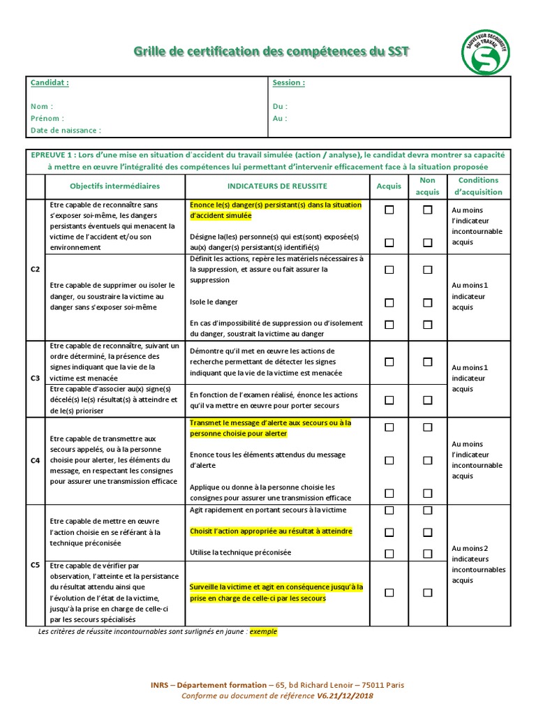Grille de certification SST 2024 | PDF