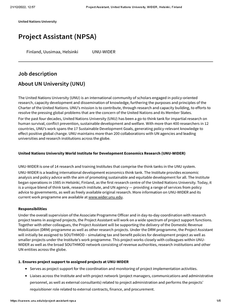 Project Assistant Job at UNU-WIDER | PDF | Business