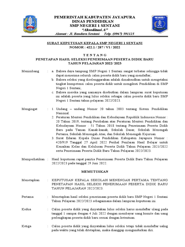 SK Penetapan Seleksi PPDB | PDF