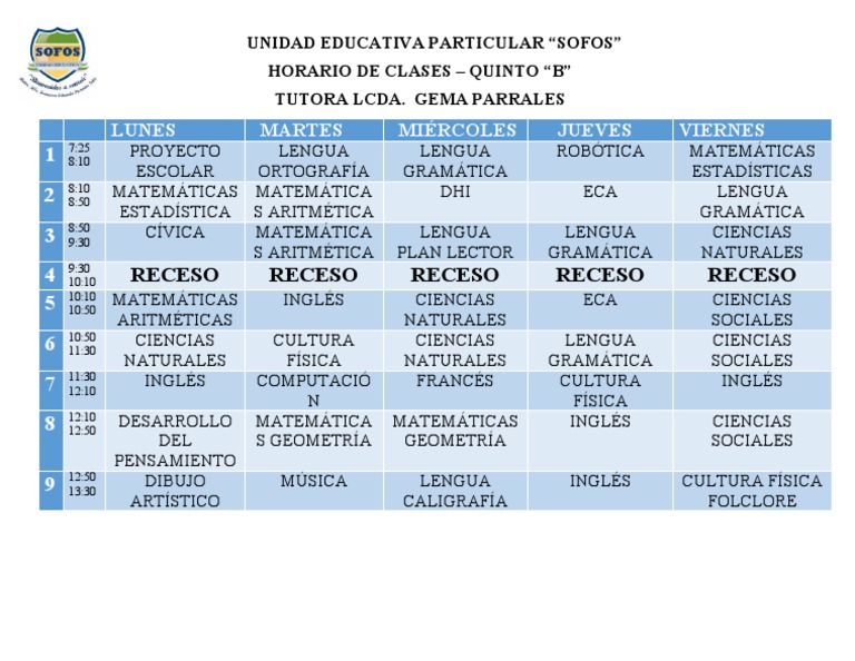 Horario de Clases 5to B | PDF