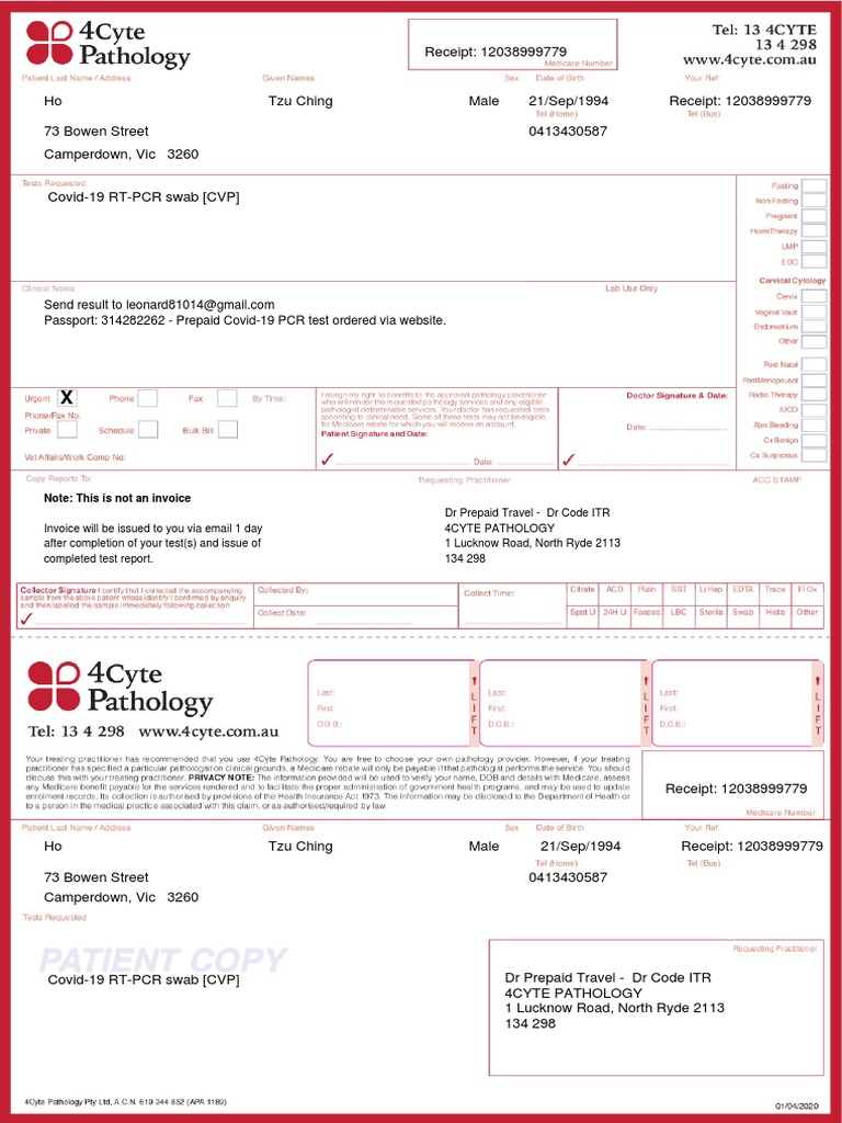 Tzu Ching HO - Pathology Request - Receipt 12038999779 PDF | PDF