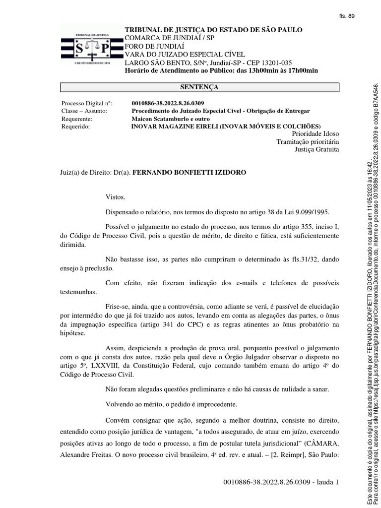 Tribunal de Justiça Do Estado de São Paulo: Processo Digital Nº: Classe ...