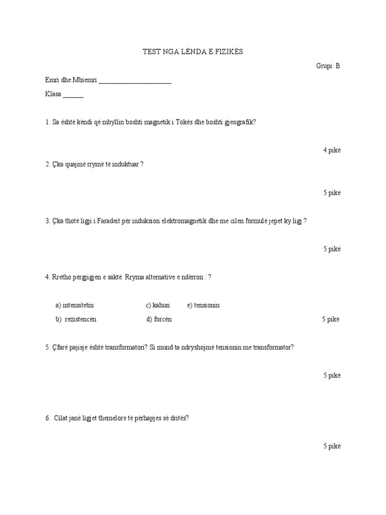 TEST NGA LËNDA E FIZIKËS. Grupi B | PDF