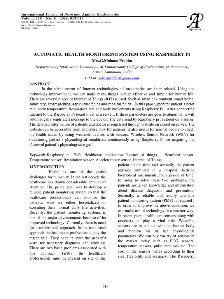 Automatic Health Monitoring System Using Raspberry Pi: Mrs.G.Mohana Prabha | PDF | Monitoring ...