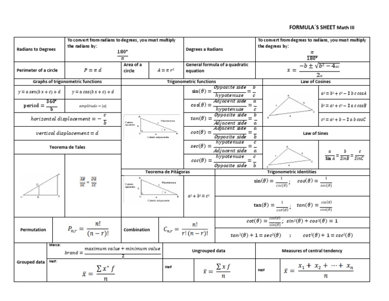 FORMULA S SHEET Math III | PDF | Trigonometric Functions | Geometric ...