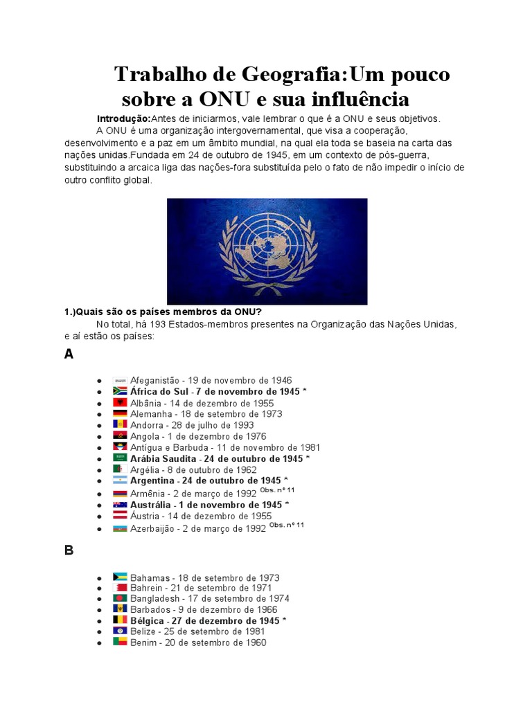 Trabalho de Geografia - Um Pouco Sobre A ONU e Sua Influência | PDF ...