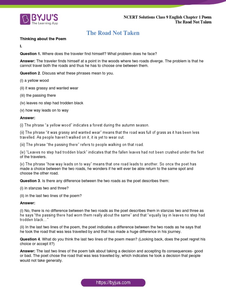 NCERT Class 9: The Road Not Taken Answers | PDF | Language Arts ...
