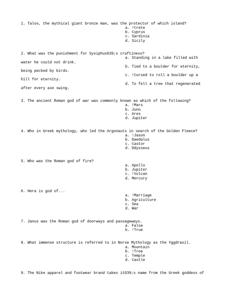 Mythology Quiz Questions and Answers | PDF | Greek Mythology | Hera