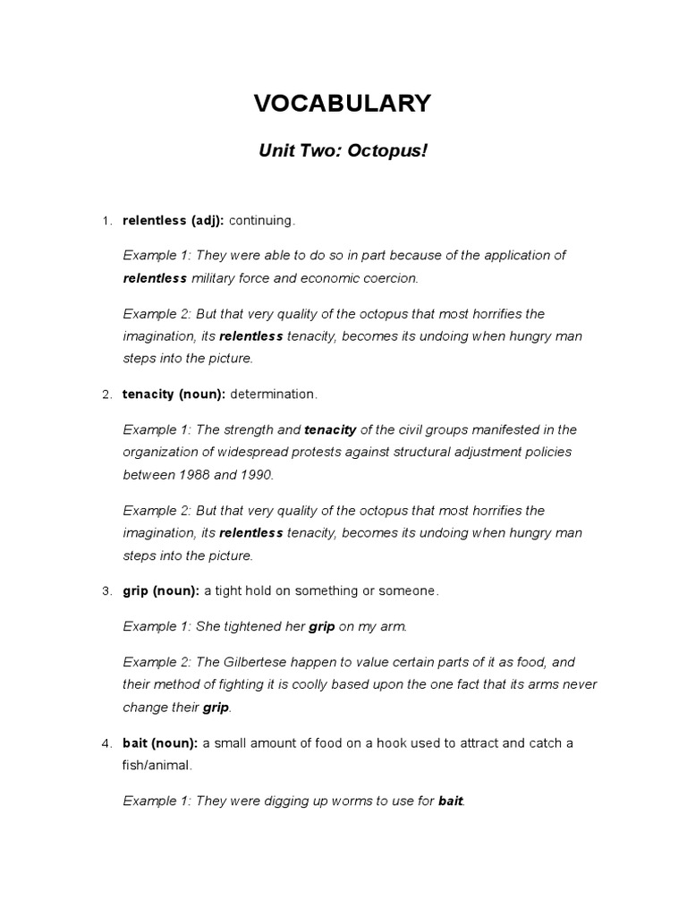 Unit 2 Octopus Vocabulary | PDF | Octopus