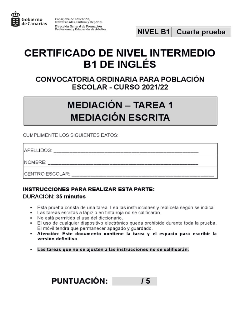 10 ING B1 Mediacion Escrita 22 23 | PDF