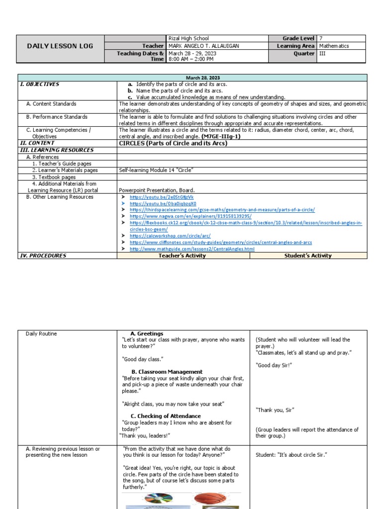DLP-CIRCLE-AND-ITS-ARC.docx | PDF | Circle | Geometry