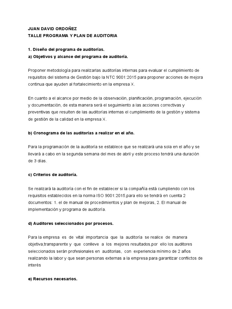 Taller Programa y Plan de Auditoria. | PDF | Auditoría | Planificación