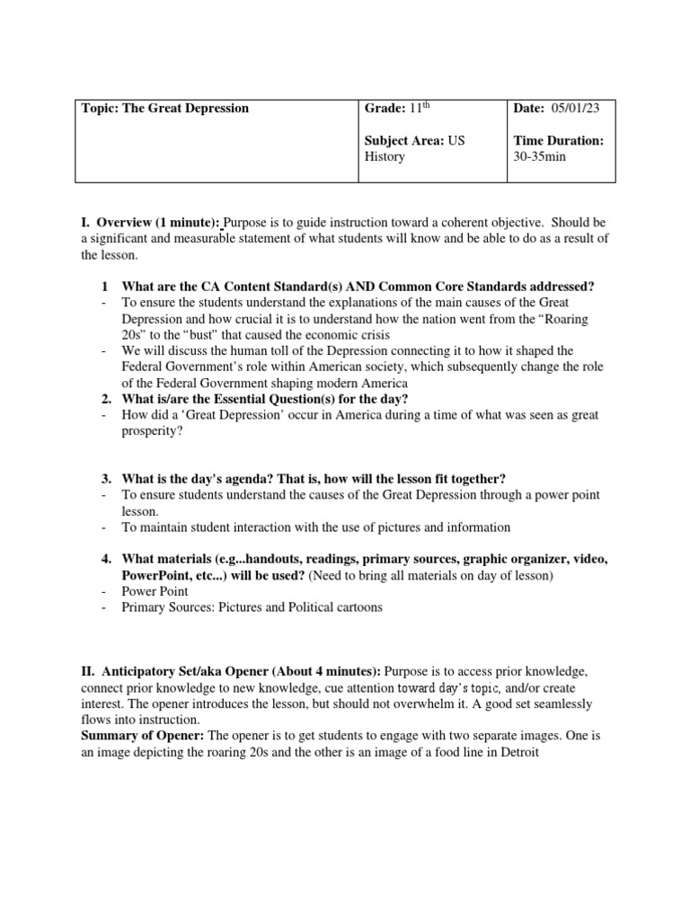 Great Depression Lesson Plan Overview | PDF | Lecture | Teachers