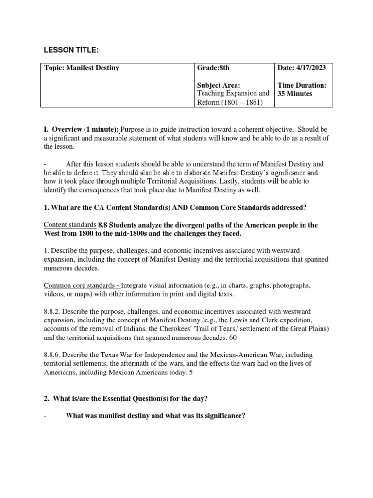 Lesson Plan - Manifest Destiny | PDF | Lecture | Lesson Plan
