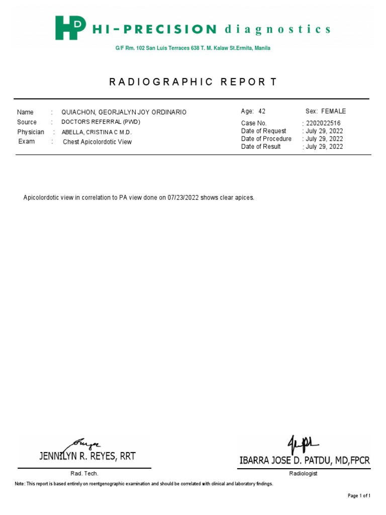 Clear Chest X-Ray for 42-Year-Old Female with Apical Views Confirming ...